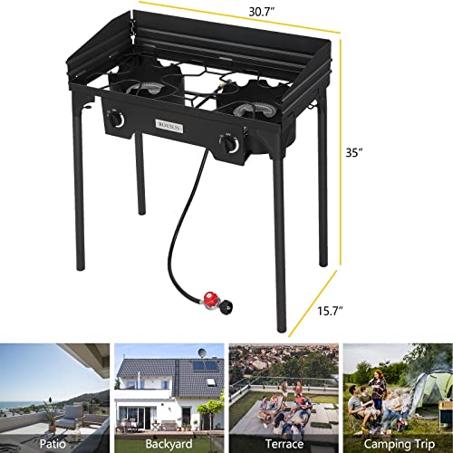 ROVSUN 2 Burner Outdoor Propane Gas Stove with Windscreen, 150,000 BTU High Pressure Stand Cooker for Backyard Cooking Camping Home Brewing Canning Turkey Frying, 20 PSI Regulator