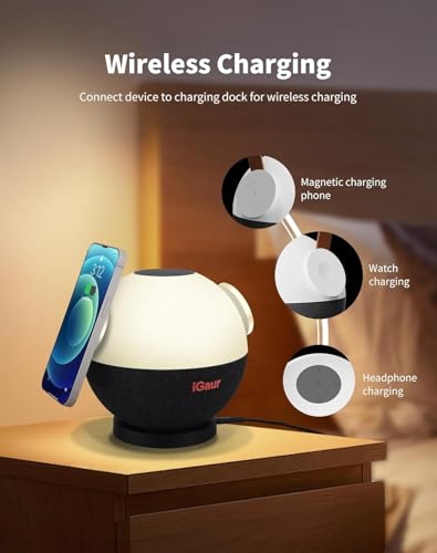 iGaur Night Light Beside Lamp: Touch Lamp with Wireless Charger Nightstand Music Desk Lamp - 5 in 1 Portable Bluetooth Speaker, Wireless Charging Lamp, Gifts for Kids Bedroom Office