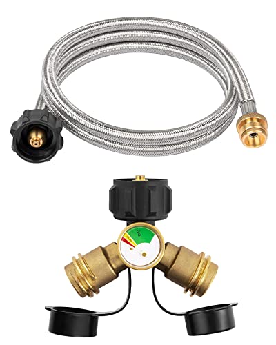 SHINESTAR 1lb to 20lb Propane Adapter with Durable Braided Hose, Comes with A Propane Tank Splitter with Gauge, Fit for Propane Stove, Griddle, Gas Grill and More