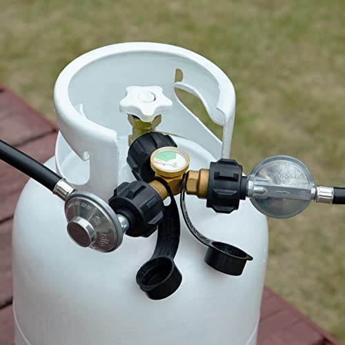SHINESTAR 1lb to 20lb Propane Adapter with Durable Braided Hose, Comes with A Propane Tank Splitter with Gauge, Fit for Propane Stove, Griddle, Gas Grill and More