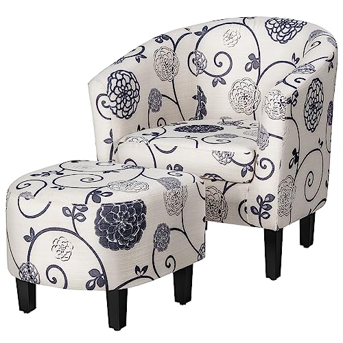 Giantex Accent Chair with Ottoman Set, Upholstered Barrel Chair with Footrest, Modern Accent Armchair with Ottoman, Round Club Chair for Living Room, Bedroom, Small Space