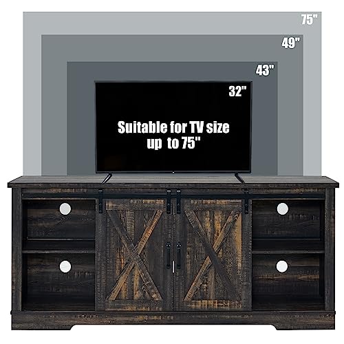AMERLIFE 66" Farmhouse TV Stand for 75 Inches TVs, Entertainment Center with Sliding Barn Door and Adjustable Shelf & Feet, Console Table with Storage, Dark Rustic Oak
