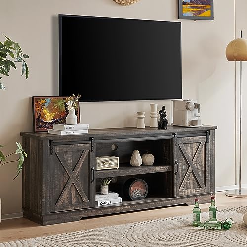 AMERLIFE 66" Farmhouse TV Stand for 75 Inches TVs, Entertainment Center with Sliding Barn Door and Adjustable Shelf & Feet, Console Table with Storage, Dark Rustic Oak