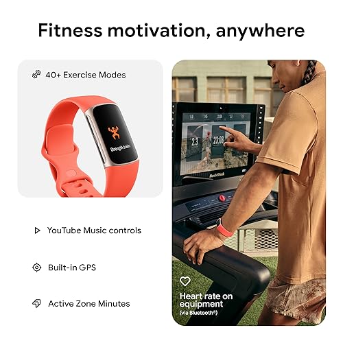 Fitbit Charge 6 Fitness Tracker with Google apps, Heart Rate on Exercise Equipment, 6-Months Premium Membership Included, GPS, Health Tools and More, Gold/Coral, One Size (S & L Bands Included)