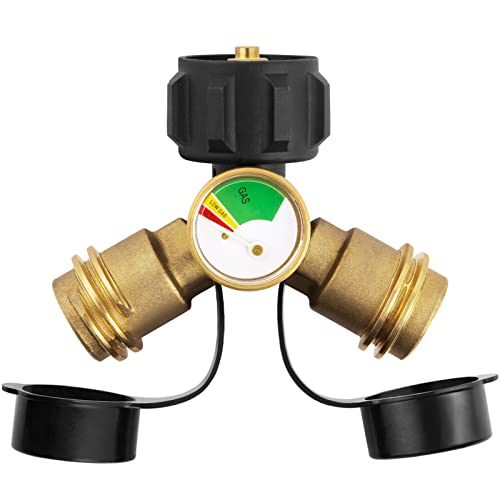 SHINESTAR 1lb to 20lb Propane Adapter with Durable Braided Hose, Comes with A Propane Tank Splitter with Gauge, Fit for Propane Stove, Griddle, Gas Grill and More