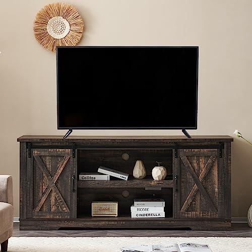 AMERLIFE 66" Farmhouse TV Stand for 75 Inches TVs, Entertainment Center with Sliding Barn Door and Adjustable Shelf & Feet, Console Table with Storage, Dark Rustic Oak
