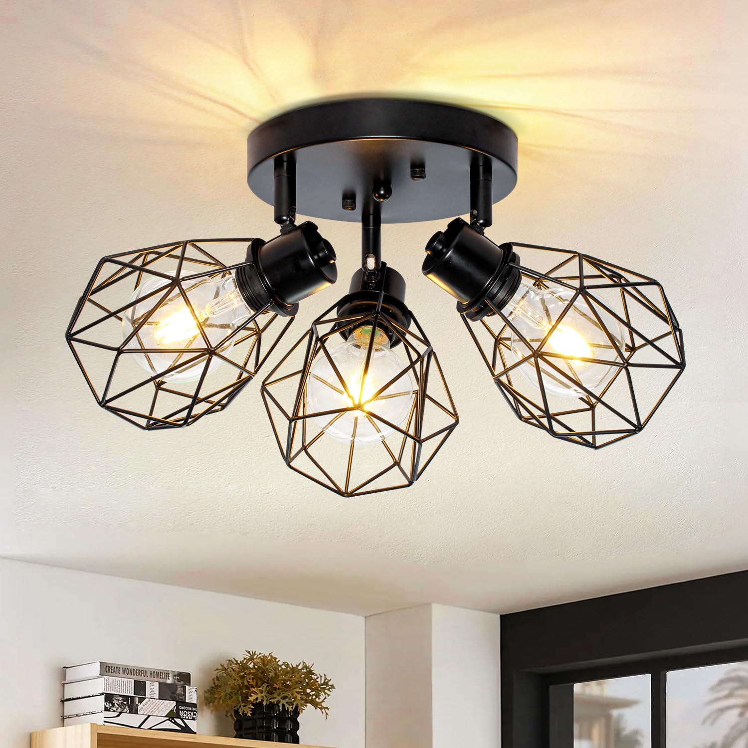 Mlihove Kitchen Light Fixtures Ceiling Mount Black Multi-Directional Modern Flush Mount Ceiling Light Fixture 3 Lights, Adjustable Ceiling Lamp for Kitchen Hallway Dining Room Entryway