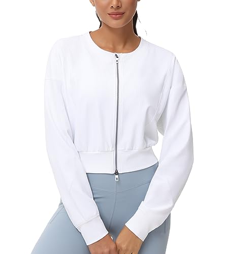 THE GYM PEOPLE Women's Cropped Jackets Full Zip Long Sleeve Ribbed Workout Sweatshirts Lightweight Casual Tops White
