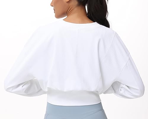 THE GYM PEOPLE Women's Cropped Jackets Full Zip Long Sleeve Ribbed Workout Sweatshirts Lightweight Casual Tops White