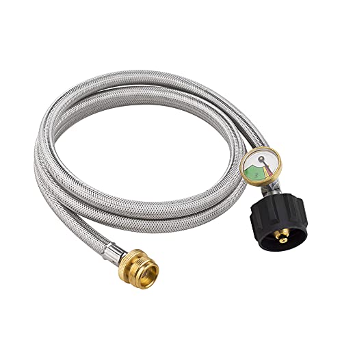CAMPLUX 5 FT Propane Hose Adapter with Tank Gauge, Stainless Braided Propane Hose 1 lb to 20 lb, Perfect for Gas Grill, Camping Stove and Portable Heater