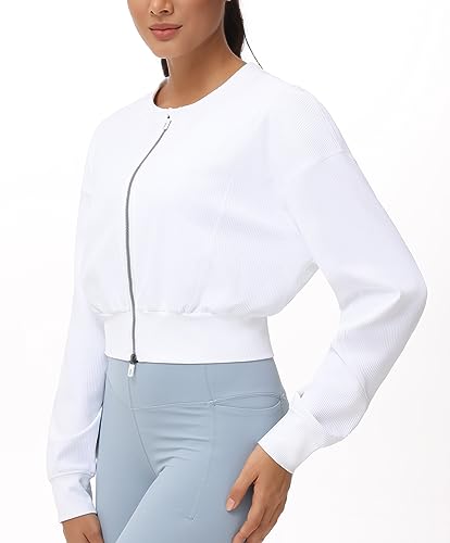 THE GYM PEOPLE Women's Cropped Jackets Full Zip Long Sleeve Ribbed Workout Sweatshirts Lightweight Casual Tops White