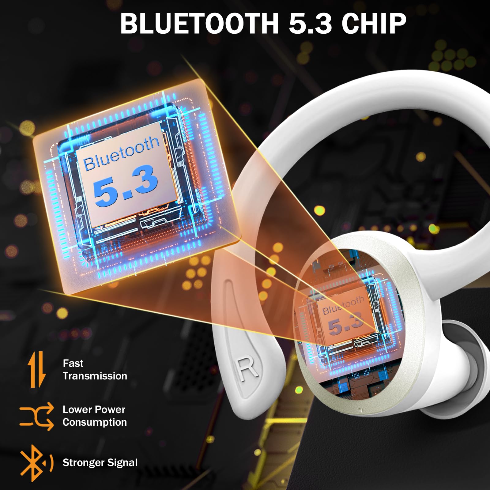 Wireless Earbuds Bluetooth Headphones, Bluetooth 5.3 Earbuds Sport Immersive HiFi Stereo Ear Buds, 48Hrs Earphones in Ear with Earhooks, HD Mic, IP7 Waterproof White Headset for Workout Running [2023]