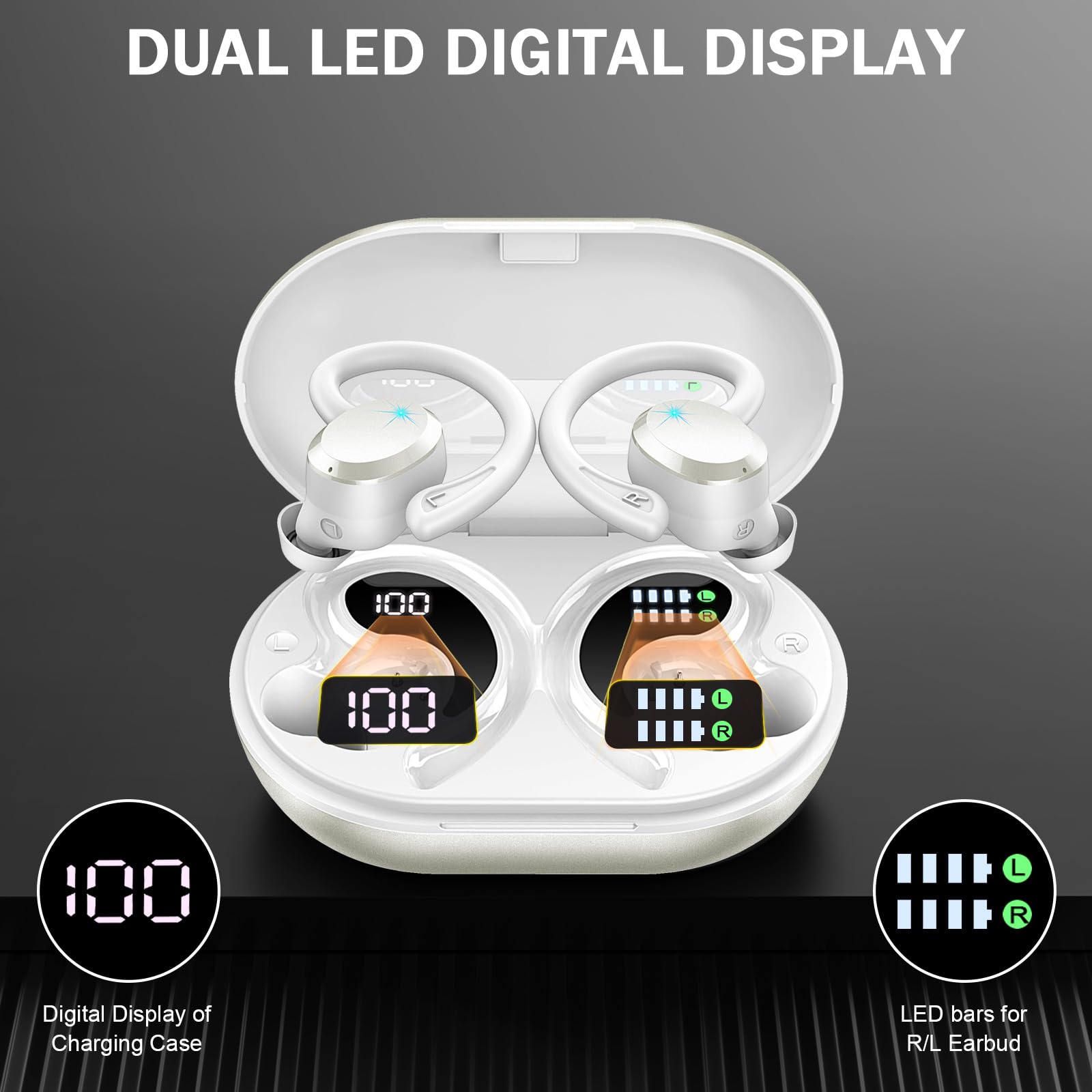 Wireless Earbuds Bluetooth Headphones, Bluetooth 5.3 Earbuds Sport Immersive HiFi Stereo Ear Buds, 48Hrs Earphones in Ear with Earhooks, HD Mic, IP7 Waterproof White Headset for Workout Running [2023]