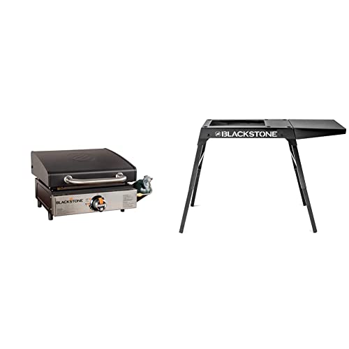 Blackstone 1814 Stainless Steel Propane Gas Portable & 12,000 BTUs, 17 Inch, Black & Universal Griddle Stand with Adjustable Leg and Side Shelf - Made to fit 17-or 22-Propane Table Top Griddle (Black)