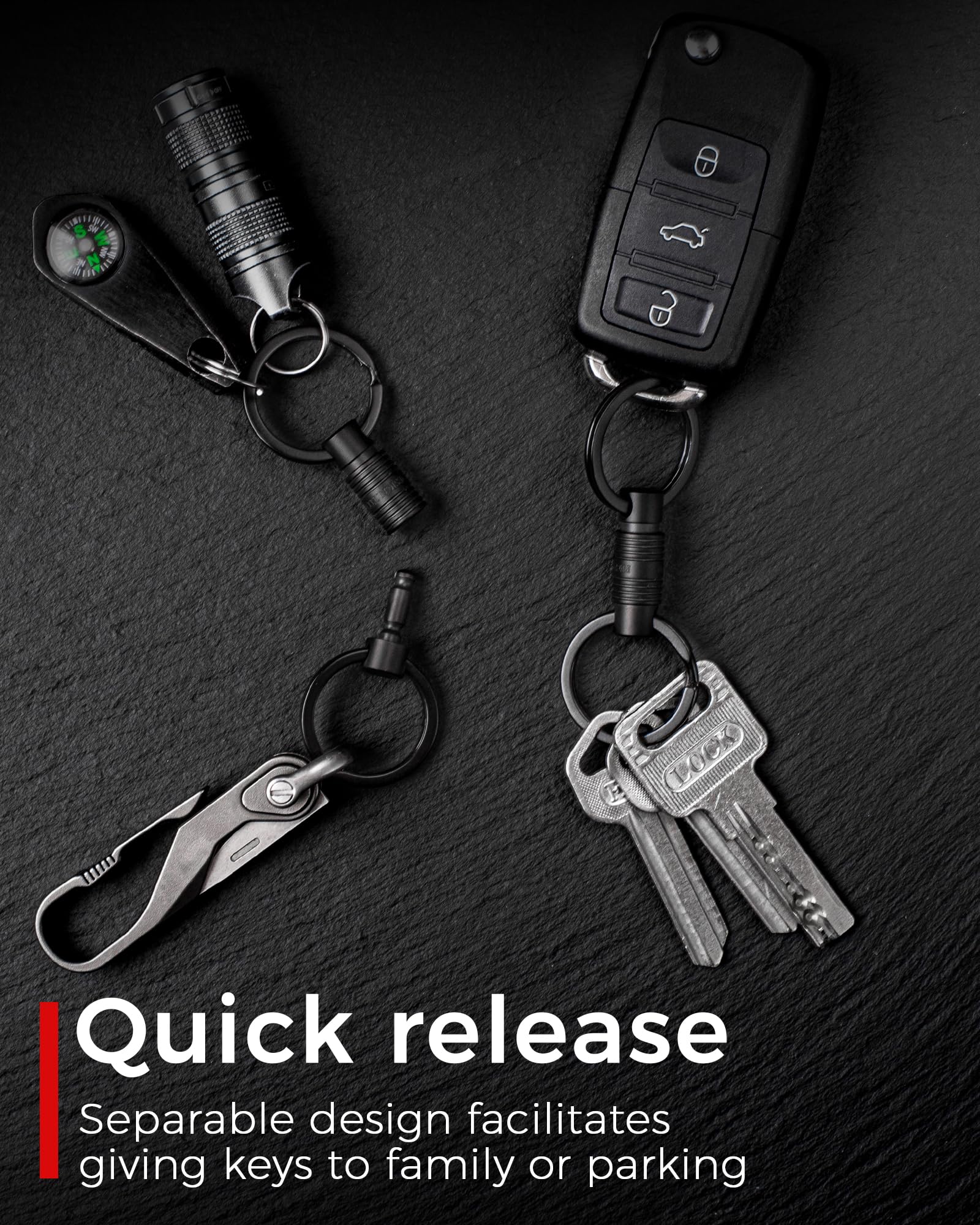 FEGVE Titanium Quick Release Keychain, Rotatable Pull Apart Key Chain, Detachable Key Rings for Men Women (Black detachable keychain 1 pack)