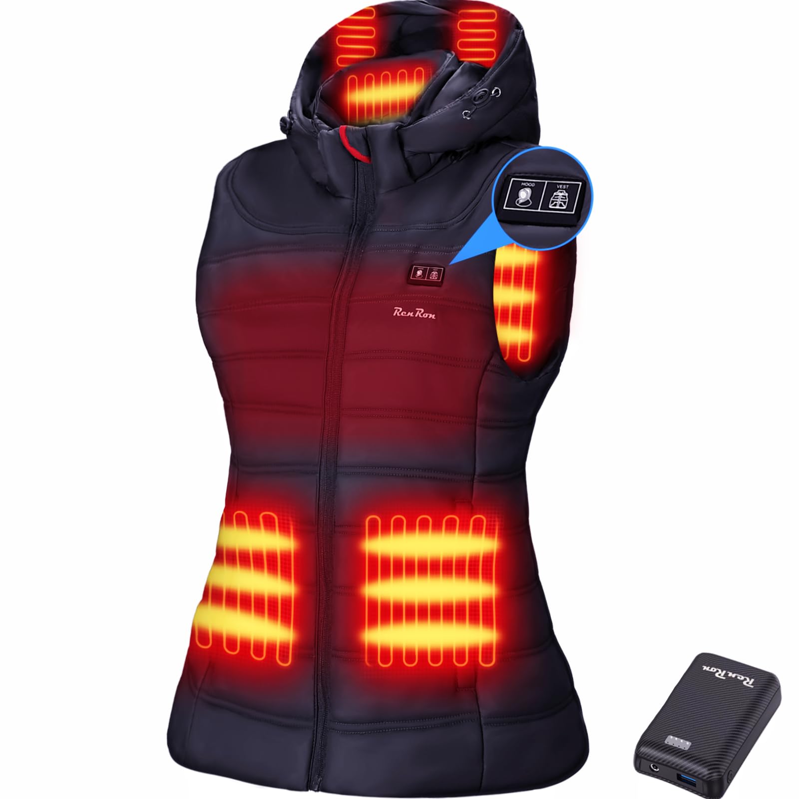 RenRon Heated Vest Women With Hood - 7.4V 16000mAh Battery Pack,Detachable Heated Hood, Slim Fit Womens Heated Vest