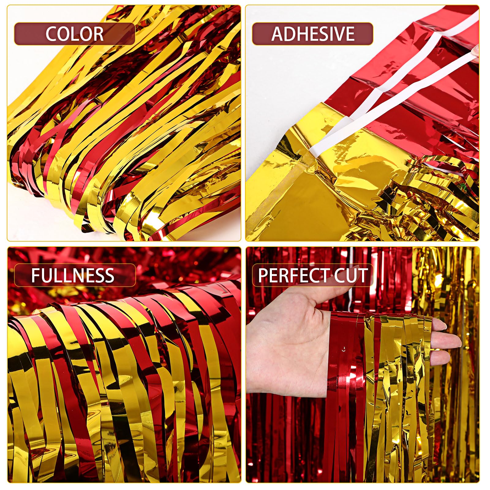 Peryiter 6 Pcs Metallic Tinsel Foil Fringe Curtains 3.3 x 6.6 ft Backdrop Props for Halloween Birthday Anniversary Bridal Shower Baby Shower Holiday Party Decorations(Black, Red, Gold)