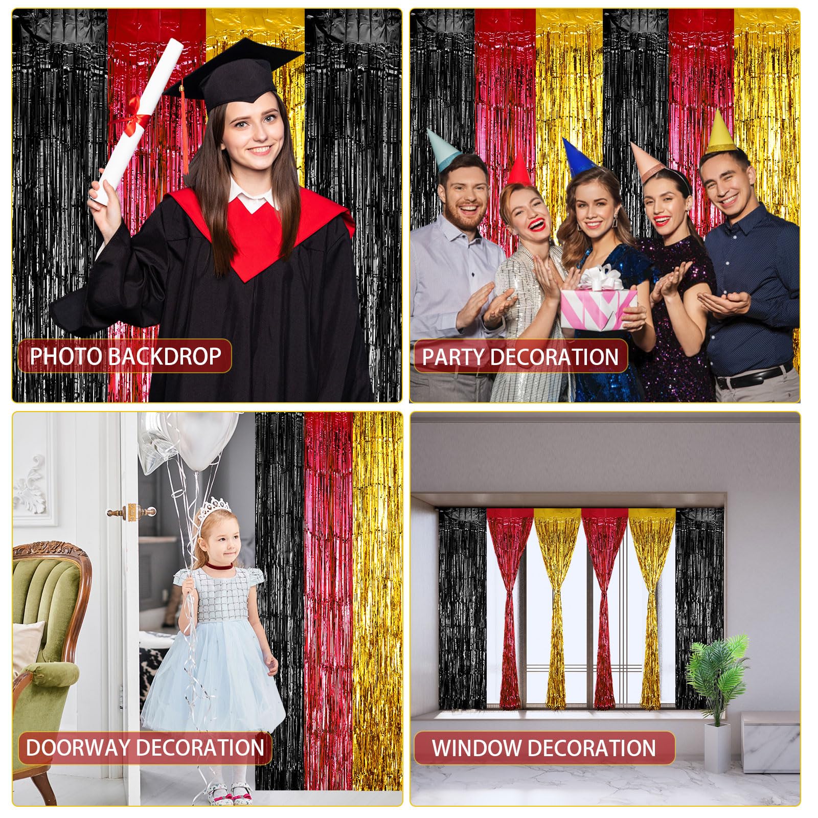 Peryiter 6 Pcs Metallic Tinsel Foil Fringe Curtains 3.3 x 6.6 ft Backdrop Props for Halloween Birthday Anniversary Bridal Shower Baby Shower Holiday Party Decorations(Black, Red, Gold)
