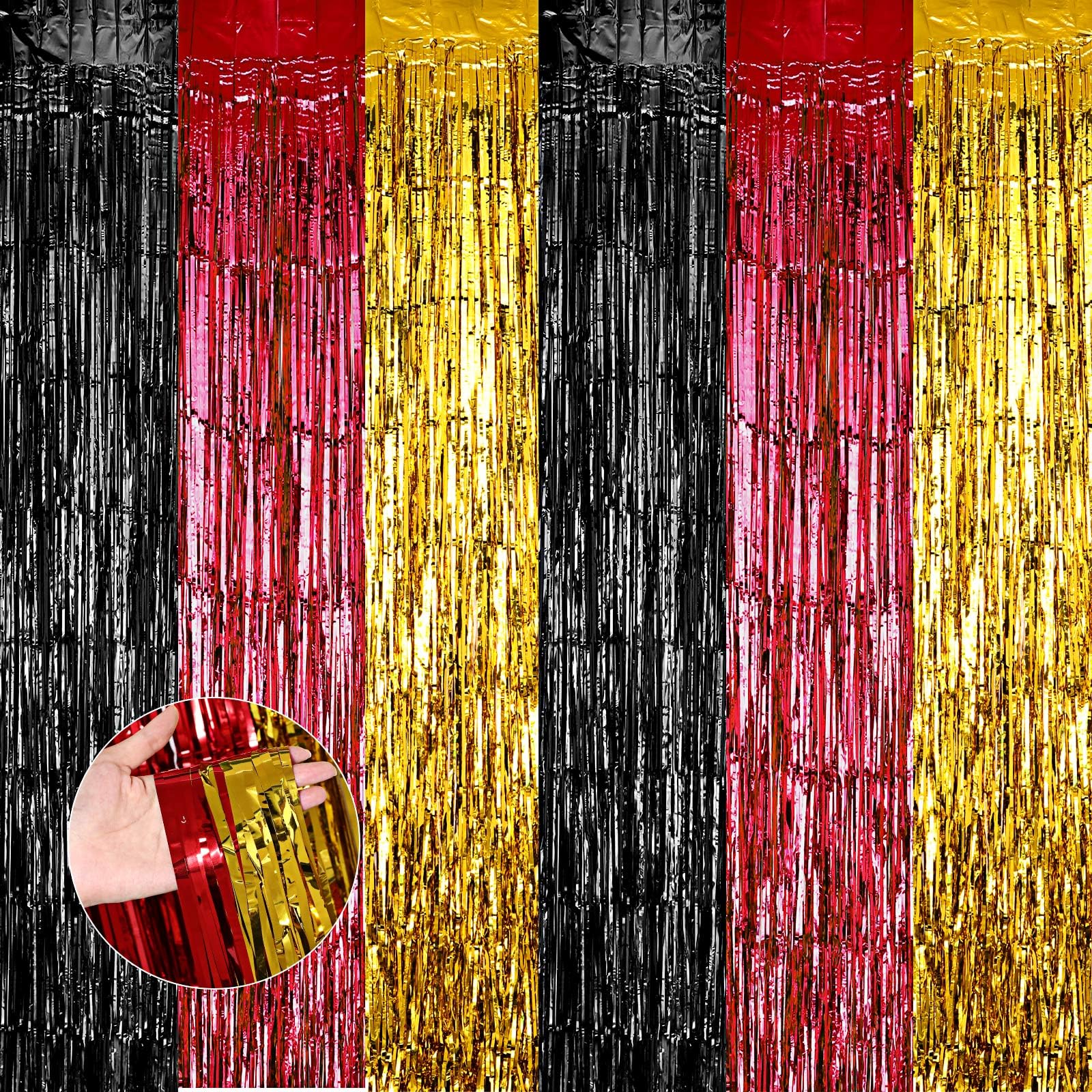 Peryiter 6 Pcs Metallic Tinsel Foil Fringe Curtains 3.3 x 6.6 ft Backdrop Props for Halloween Birthday Anniversary Bridal Shower Baby Shower Holiday Party Decorations(Black, Red, Gold)