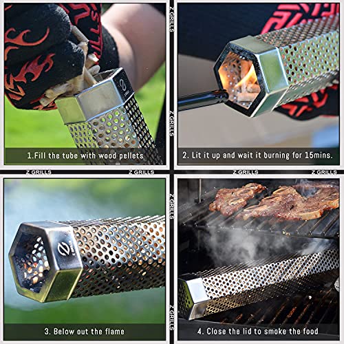 Z GRILLS Pellet Smoker Tube with 2 Hooks and Brush, 12" BBQ Billowing Smoke Mesh Stainless Steel for Cold/Hot Smoking