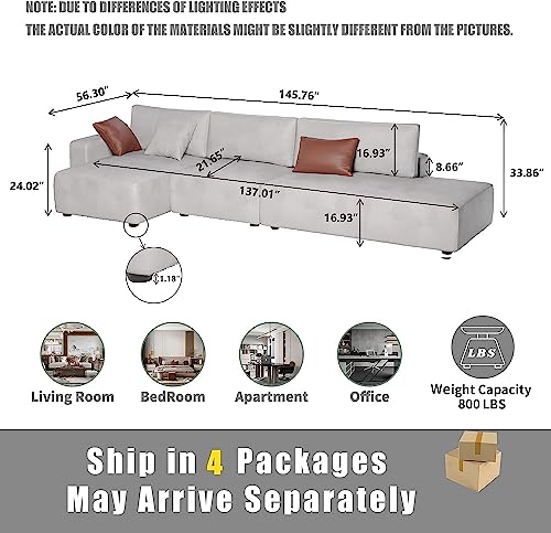 JACH 145" Modular Leathaire Large Sectional Sofa with Chaise, L-Shaped Faux Leather 5 Seater Minimalist Couch, Modern Right Hand Facing Sectional Sofas with 3 Throw Pillows (Beige)