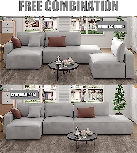 JACH 145" Modular Leathaire Large Sectional Sofa with Chaise, L-Shaped Faux Leather 5 Seater Minimalist Couch, Modern Right Hand Facing Sectional Sofas with 3 Throw Pillows (Beige)