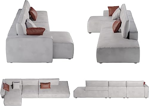 JACH 145" Modular Leathaire Large Sectional Sofa with Chaise, L-Shaped Faux Leather 5 Seater Minimalist Couch, Modern Right Hand Facing Sectional Sofas with 3 Throw Pillows (Beige)