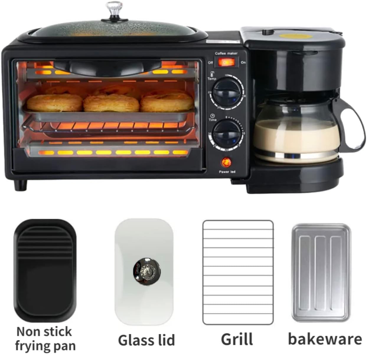 BYHIP 3-in-1 Breakfast Station - Includes Coffee Maker, Non-Stick Griddle, and 4-Slice Toaster Oven - Versatile Breakfast Maker with Timer Suitable for Kitchenettes/Apartments/Dormitories- Black