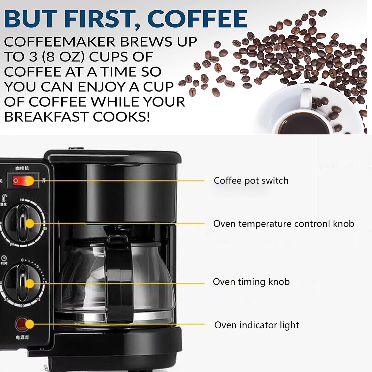 BYHIP 3-in-1 Breakfast Station - Includes Coffee Maker, Non-Stick Griddle, and 4-Slice Toaster Oven - Versatile Breakfast Maker with Timer Suitable for Kitchenettes/Apartments/Dormitories- Black
