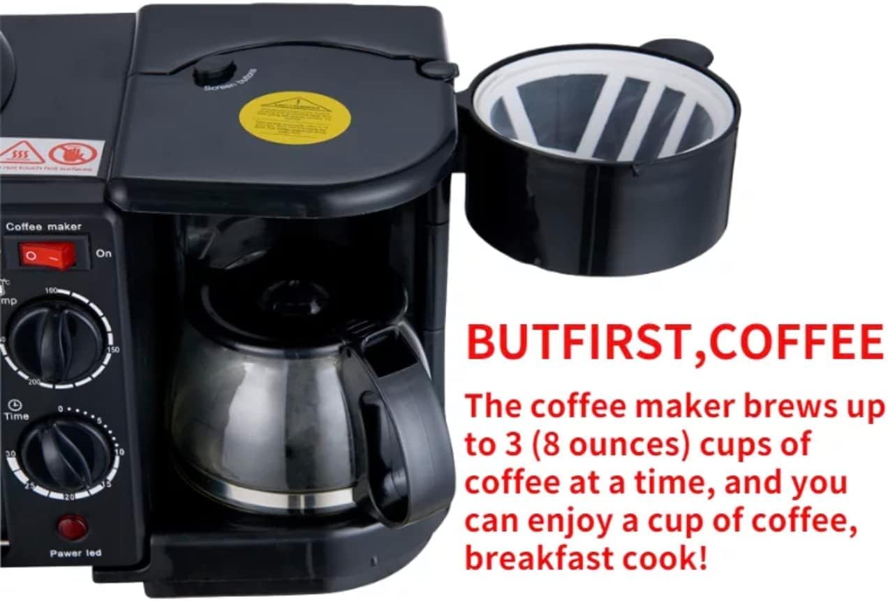 BYHIP 3-in-1 Breakfast Station - Includes Coffee Maker, Non-Stick Griddle, and 4-Slice Toaster Oven - Versatile Breakfast Maker with Timer Suitable for Kitchenettes/Apartments/Dormitories- Black