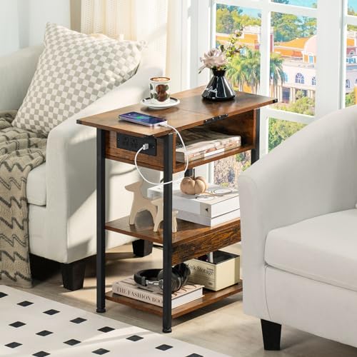 Lerliuo Side Table with Charging Station,Narrow End Table with USB Ports and Outlets,Brown Skinny Nightstand with Open Storage Shelf for Small Space,Slim Sofa Bedside Table for Living Room Bedroom