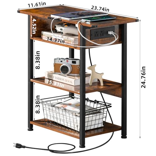 Lerliuo Side Table with Charging Station,Narrow End Table with USB Ports and Outlets,Brown Skinny Nightstand with Open Storage Shelf for Small Space,Slim Sofa Bedside Table for Living Room Bedroom