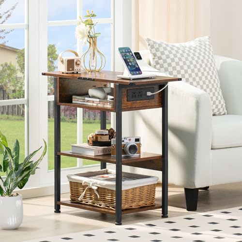 Lerliuo Side Table with Charging Station,Narrow End Table with USB Ports and Outlets,Brown Skinny Nightstand with Open Storage Shelf for Small Space,Slim Sofa Bedside Table for Living Room Bedroom