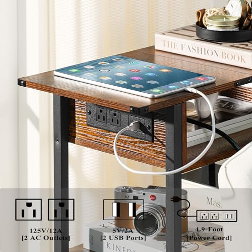 Lerliuo Side Table with Charging Station,Narrow End Table with USB Ports and Outlets,Brown Skinny Nightstand with Open Storage Shelf for Small Space,Slim Sofa Bedside Table for Living Room Bedroom