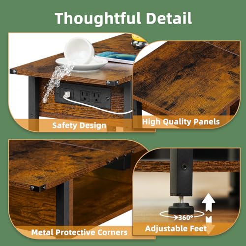 Lerliuo Side Table with Charging Station,Narrow End Table with USB Ports and Outlets,Brown Skinny Nightstand with Open Storage Shelf for Small Space,Slim Sofa Bedside Table for Living Room Bedroom