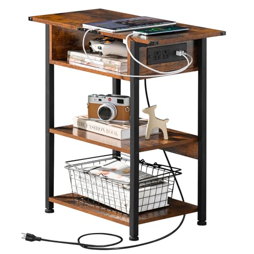 Lerliuo Side Table with Charging Station，Narrow End Table with USB Ports and Outlets,Brown Skinny Nightstand with Open Storage Shelf for Small Space，Slim Sofa Bedside Table for Living Room Bedroom