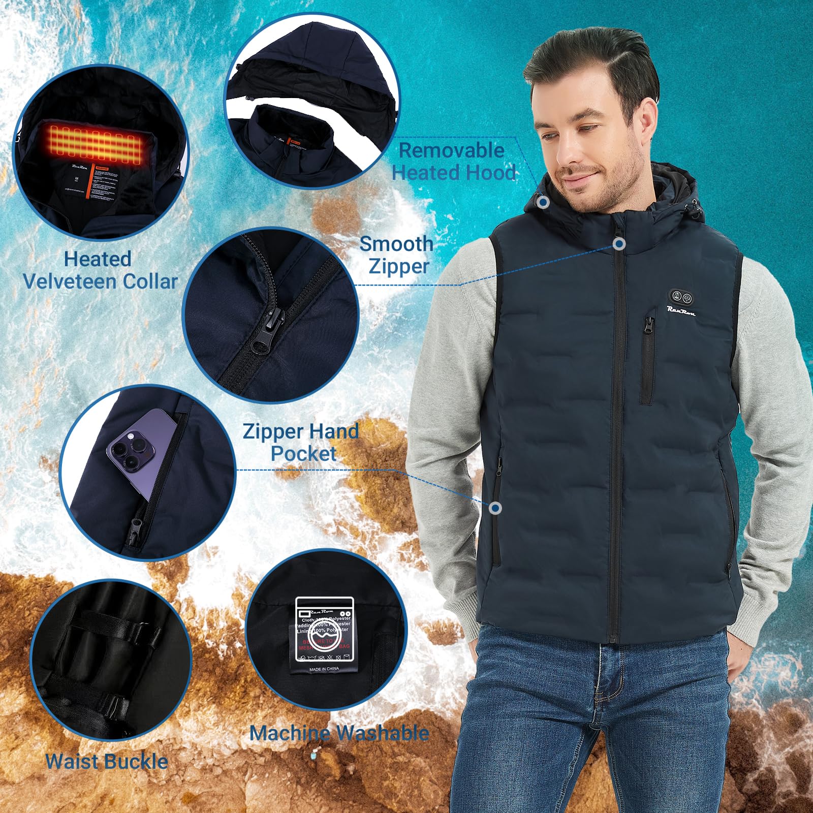 RenRon Versatile Heated Vest For Men - Detachable Heated Hood, With 7.4V 16000mAh Battery Pack, Lightweight Mens Heated Vest