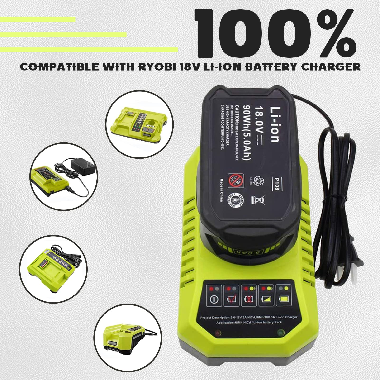 Enermall 2-Pack 3000mAh 18V P102 P108 Li-ion Replacement Battery for Ryobi 18 Volt Lithium-ion Plus Max P103 P105 P107 P109 P104 Compatible with 18Volt Power Cordless Tools