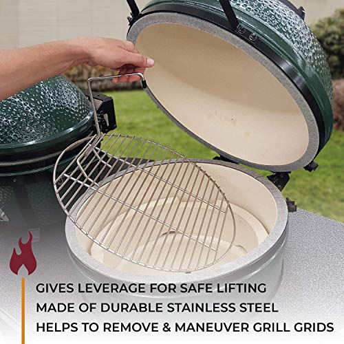 Kick Ash Basket Barbecue Grill Grate Lifter Tool with Table Hook and Handle for Charcoal and Gas Grills and Smokers, BBQ Grill Rack Lifter for Steel and Cast Iron Grill Grates, Stainless Steel