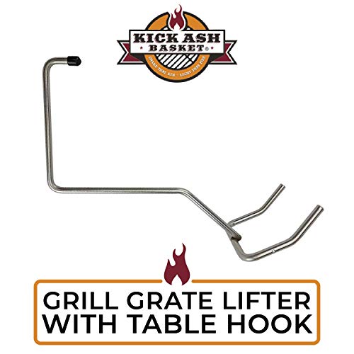 Kick Ash Basket Barbecue Grill Grate Lifter Tool with Table Hook and Handle for Charcoal and Gas Grills and Smokers, BBQ Grill Rack Lifter for Steel and Cast Iron Grill Grates, Stainless Steel