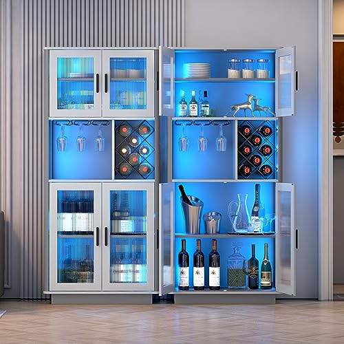 LVSOMT LED Wine Bar Cabinets with Removable Wine Rack, Bar Cabinets for Liquor with Light Motion Sensor, Kitchen Cabinet Storage for Dinning Room, Living Room (Dark Grey + Light Grey)
