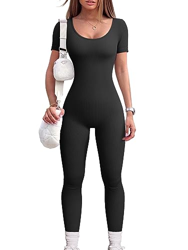 OQQ Women's Yoga Ribbed One Piece Workout Short Sleeve Top Exercise JumpSuit, Black, Small