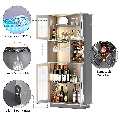 LVSOMT LED Wine Bar Cabinets with Removable Wine Rack, Bar Cabinets for Liquor with Light Motion Sensor, Kitchen Cabinet Storage for Dinning Room, Living Room (Dark Grey + Light Grey)