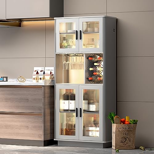 LVSOMT LED Wine Bar Cabinets with Removable Wine Rack, Bar Cabinets for Liquor with Light Motion Sensor, Kitchen Cabinet Storage for Dinning Room, Living Room (Dark Grey + Light Grey)