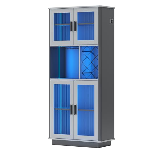 LVSOMT LED Wine Bar Cabinets with Removable Wine Rack, Bar Cabinets for Liquor with Light Motion Sensor, Kitchen Cabinet Storage for Dinning Room, Living Room (Dark Grey + Light Grey)