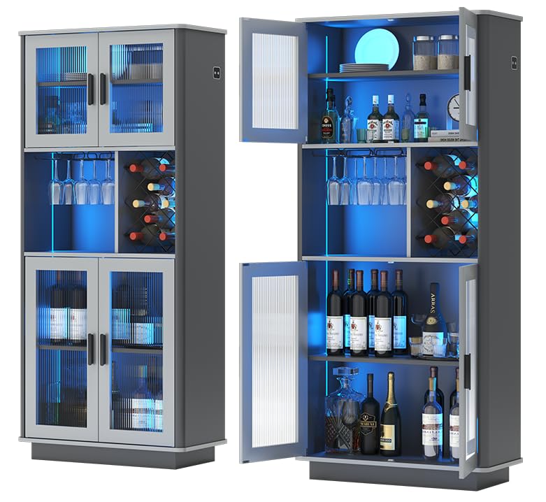 LVSOMT LED Wine Bar Cabinets with Removable Wine Rack, Bar Cabinets for Liquor with Light Motion Sensor, Kitchen Cabinet Storage for Dinning Room, Living Room (Dark Grey + Light Grey)