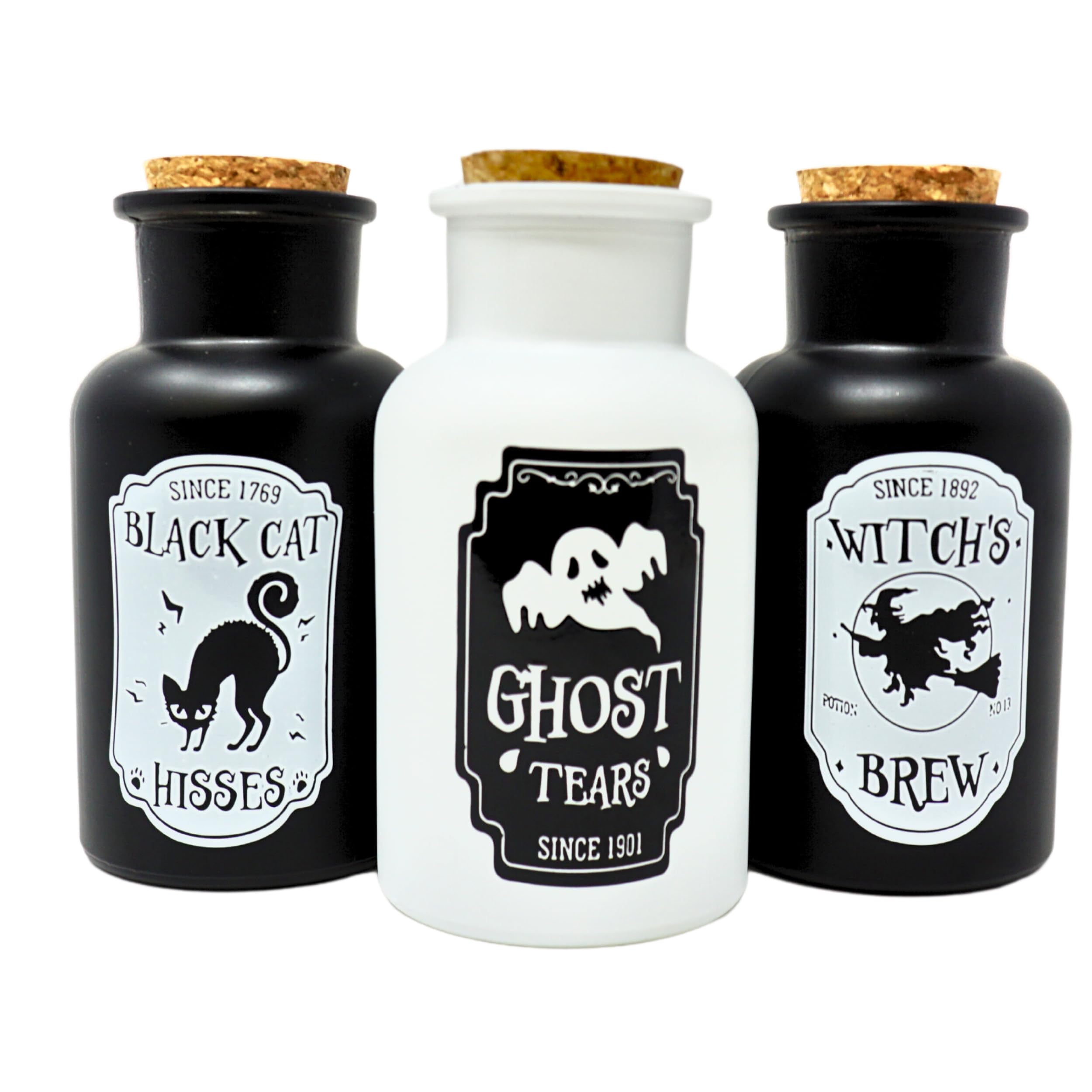 4E's Novelty Set of 3 Glass Decorative Apothecary Potion Bottles Halloween Tabletop Mantle Decorations, Halloween Witch Farmhouse Decor for Tiered Tray Table Centerpiece