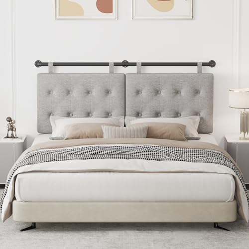 Yojoker Wall Mounted Headboard Queen, Hanging Upholstered Headboards for Queen Size Bed, Boho Floating Dorm Bed Headboard, Upholstery Button Tufted Wall Head Board for Bedroom-Grey