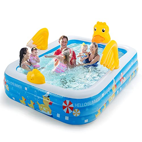 Costzon Inflatable Swimming Pool, Large Family Blow up Kiddie Pool, Full-Sized Thickened Above Ground Pool w/Adjustable Height, Air Pump, Outdoor Backyard Water Party for Age 3+