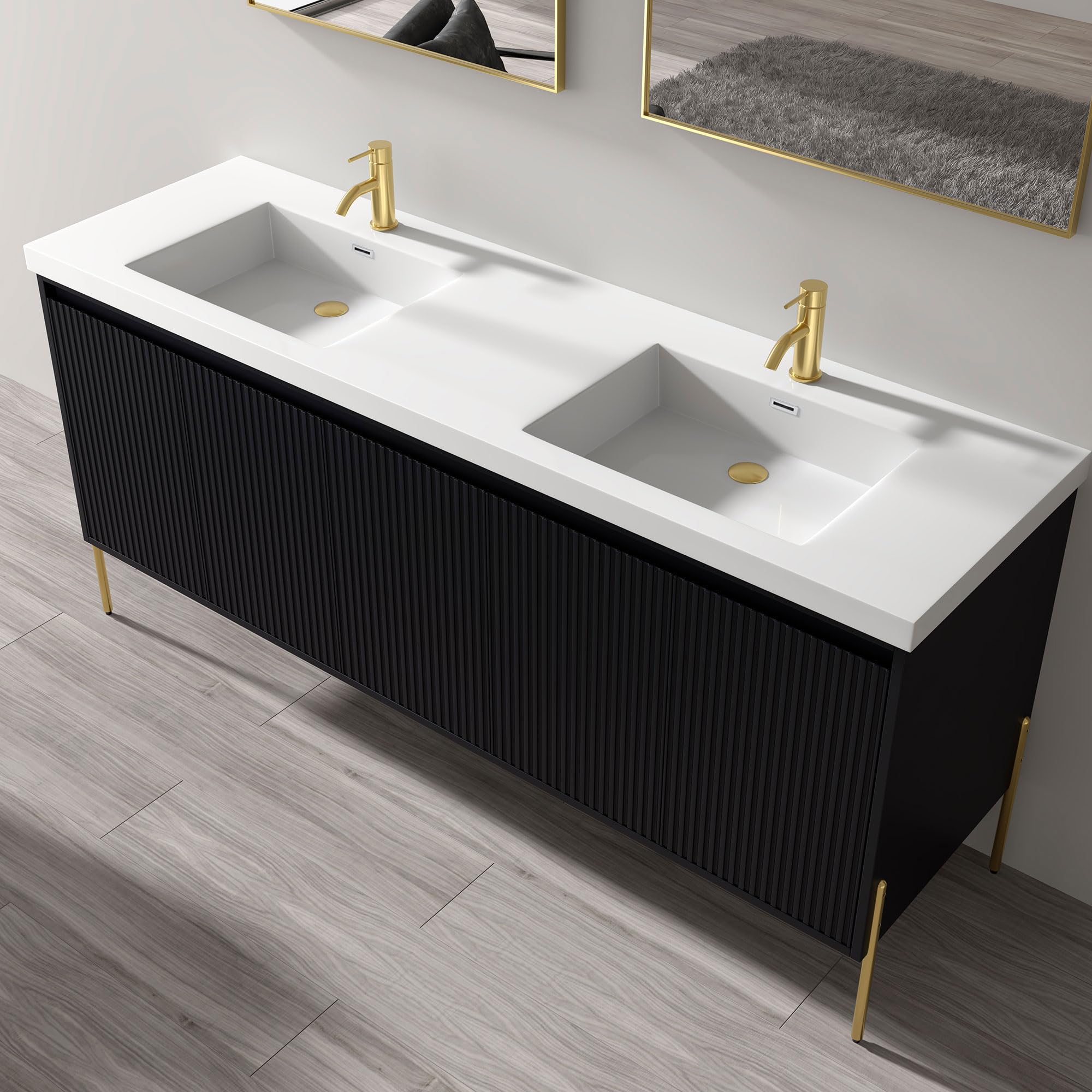 Dowell 72“ Fluted Design Vanity Set – Modern Bathroom Cabinet with Soft-Close Door & Shelf.Charcoal- 002 72 02V